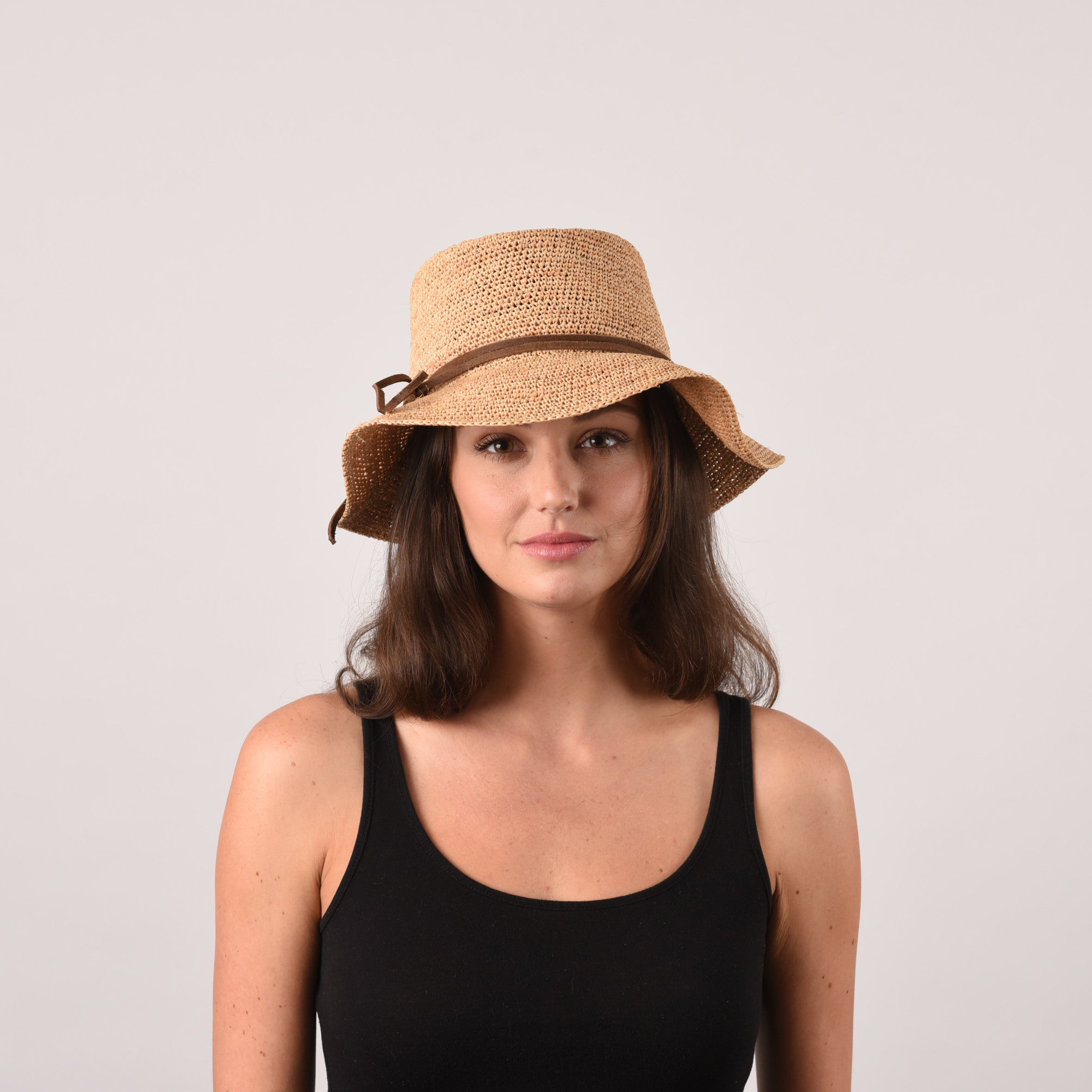 Women's Crocheted Raffia Hat with Leather Cord - Peter Beaton